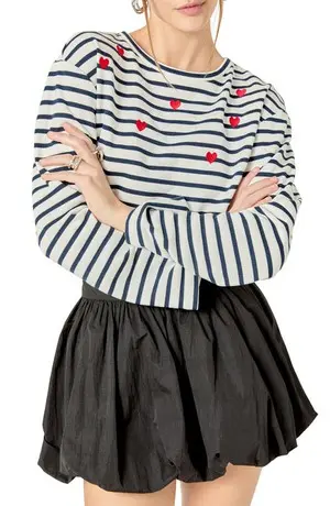 English Factory Heart Embroidered Stripe Cotton Top