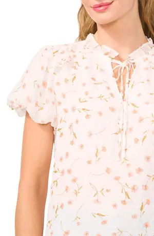 CECE DUPRAZ Floral Clip Dot Blouse With Bubble Sleeves