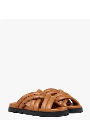 Mcm Monogram Lamb Leather Cross Slides