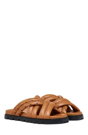 Mcm Monogram Print Cross Slides - Cognac