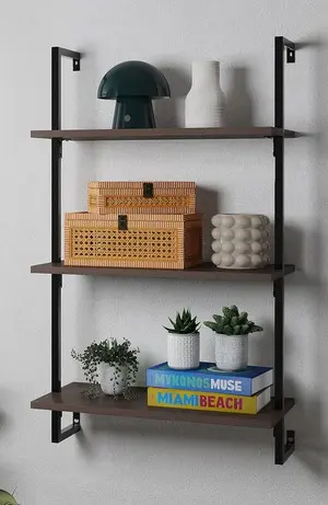HAPPIMESS Madera Classic Industrial Shelf Wood Wall-mounted Open Ladder Bookcase With Metal Frame