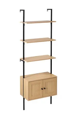 HAPPIMESS Tulare 72.05" Midcentury Industrial 4-shelf Wood Wall-mounted Open Ladder Bookcase With Cabinet And Metal Frame - Light Oak/black