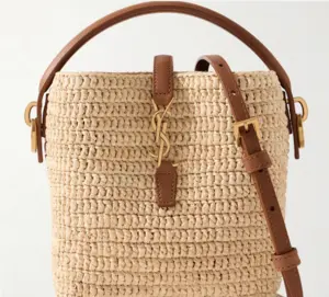 Saint Laurent SAINT LAURENT Le 37 Mini Leather-Trimmed Raffia Bucket Bag Neutral