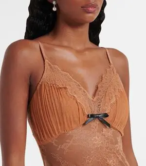 SELF-PORTRAIT Embroidered Lace-trimmed Mesh Bodysuit