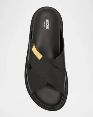 Moschino Calfskin Leather Slide Sandals - Black