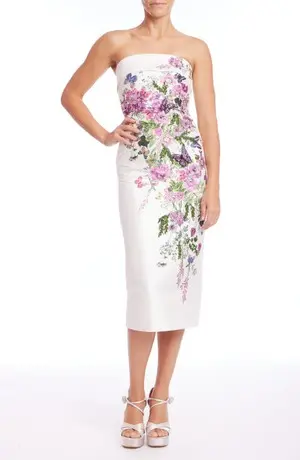 Badgley Mischka Floral Strapless Mikado Cocktail Dress - Ivory Multi