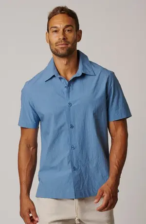 LEISURE LAB Short Sleeve Cotton Button Up - Pacific