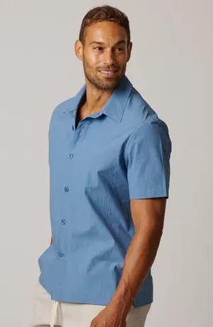 LEISURE LAB Short Sleeve Cotton Button Up - Pacific