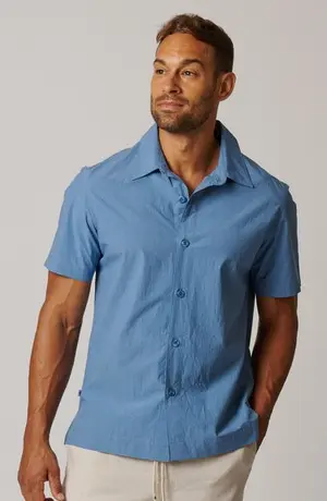 LEISURE LAB Short Sleeve Cotton Button Up - Pacific