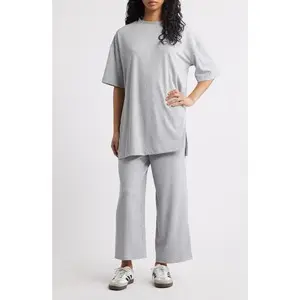 DRESSED IN LALA Ribbed Oversized T-shirt And Crop Pants Set - Heather Grey