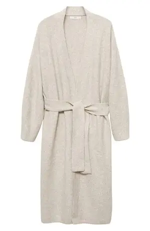 Mango Longline Tie Belt Cardigan - Light Beige