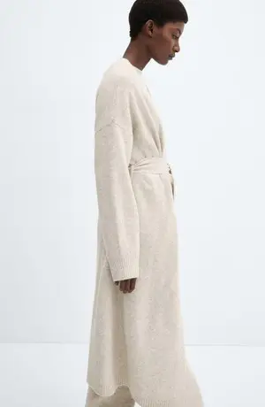 Mango Longline Tie Belt Cardigan - Light Beige