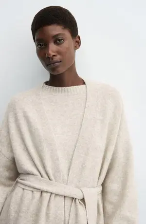 Mango Longline Tie Belt Cardigan - Light Beige