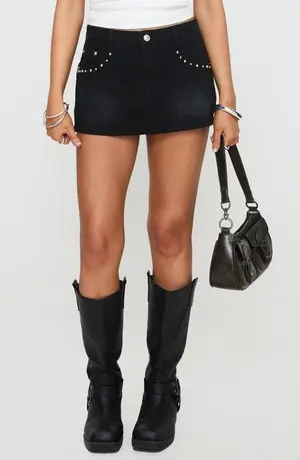 Princess Polly Symphony Studded Denim Skort - Black