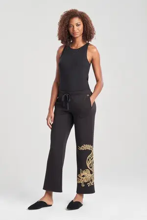 Natori Cocoon Embroidered Dragon Straight Leg Pants - Black