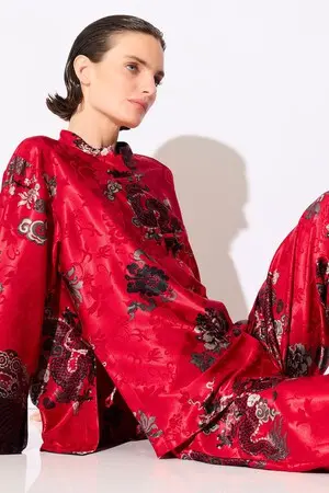 Natori Imperial Dragon Jacquard Mandarin Pj - Red