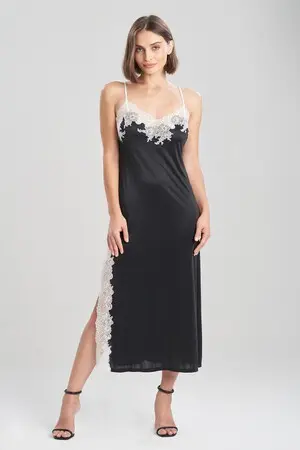 Natori Enchant Lace Slit Slip Dress Black