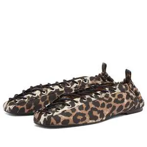 GANNI Eyelets Lace Up Ballerina - Leopard
