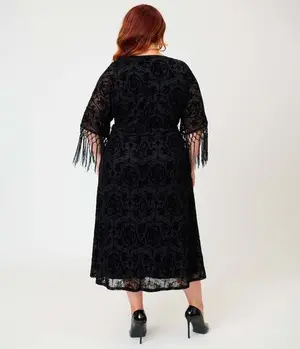 Unique Vintage Tie Wrap Surplice Midi Dress - Black Solid
