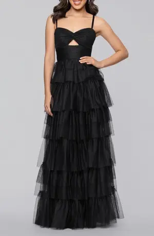BLONDIE NITES Tiered Ruffle Tulle Gown - Black