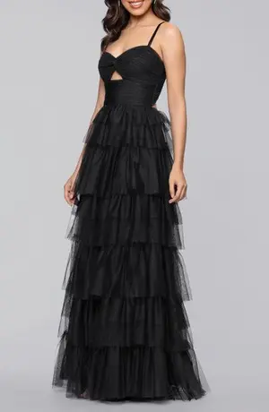 BLONDIE NITES Tiered Ruffle Tulle Gown - Black