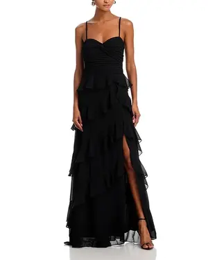 Aqua Chiffon Tiered Ruffled Dress - Black
