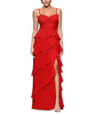 Aqua Chiffon Tiered Ruffled Gown - Red