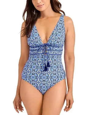 Tommy Bahama Terrazzo Tile Tie Front One Piece Swimsuit - Palace Blue Rev