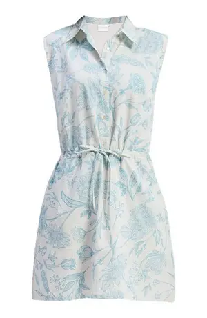 REISTOR Floral Print Cotton Drawstring Shirt Dress - Blue Florals