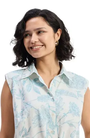REISTOR Floral Print Cotton Drawstring Shirt Dress - Blue Florals