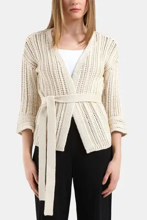 CAPSULE 121 Open-knit Cardigan With Self-tie Belt - Cream