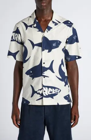 Moncler Shark Print Cotton Snap-up Shirt