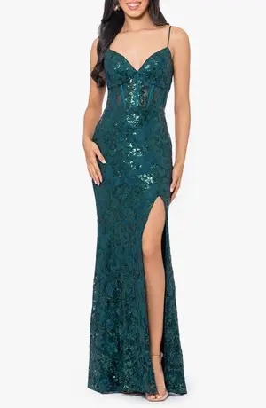 BLONDIE NITES Sequin Tapestry Sheath Gown - Hunter