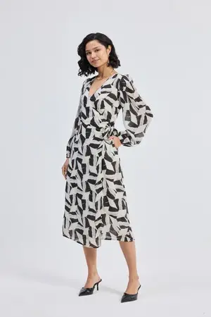 REISTOR Abstract Mosaic Midi Wrap Dress With Puff Sleeves