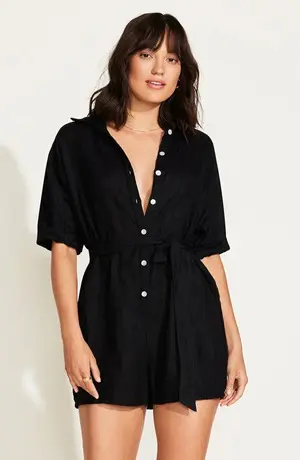 Vitamin A® Playa Linen Cover-up Romper - Black