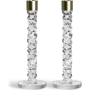 ORREFORS Carat Set Of 2 Large Crystal & Brass Candlesticks Crystal/ Brass