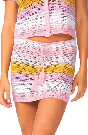 PQ Stripe Open Knit Cover-up Miniskirt - Clementine