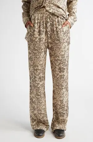 GOLDEN GOOSE Floral Print Silk Blend Pajama Pants - Safari/ Black