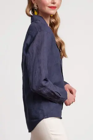 FRANCES VALENTINE Linen Button-down Shirt - Navy