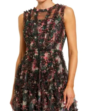Mac Duggal Mesh Micro Ruffle High Neck Mini Dress - Black Multi