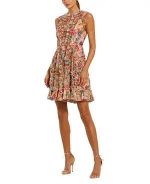 Mac Duggal Mesh Micro Ruffle High Neck Mini Dress - Cream Multi
