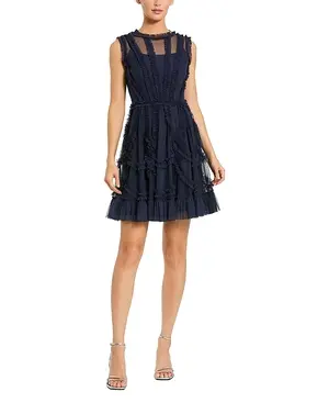Mac Duggal Mesh Micro Ruffle High Neck Mini Dress - Indigo