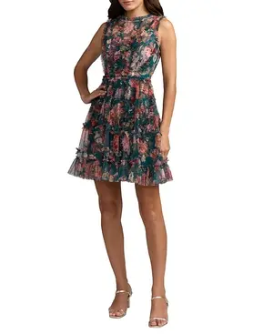 Mac Duggal Mesh Micro Ruffle High Neck Mini Dress - Teal Multi