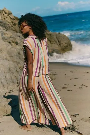 Free People Striped Collared V-neck Top And Wide-leg Pants Set - Sherbert Combo