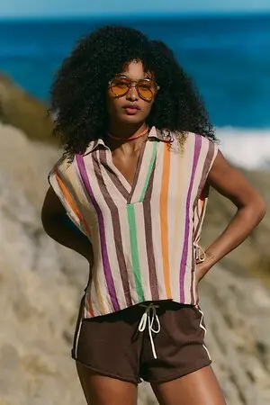 Free People Striped Collared V-neck Top And Wide-leg Pants Set - Sherbert Combo
