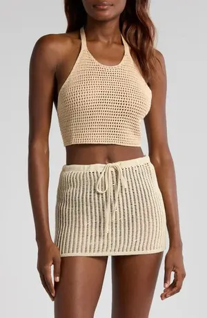 Elan Open Stitch Halter Crop Cover-up Top - Natural