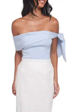 PETAL & PUP Charama Bow Detail Off-the-shoulder Knit Top - Blue