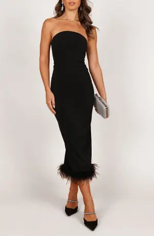 PETAL & PUP Clara Feather Trim Strapless Midi Dress