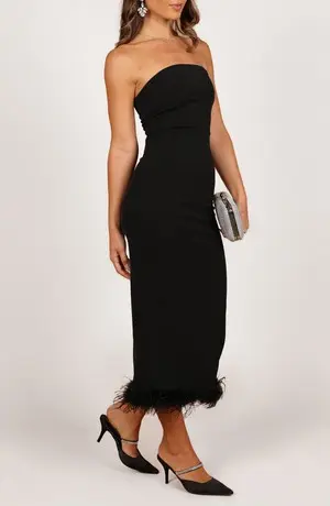 PETAL & PUP Clara Feather Trim Strapless Midi Dress