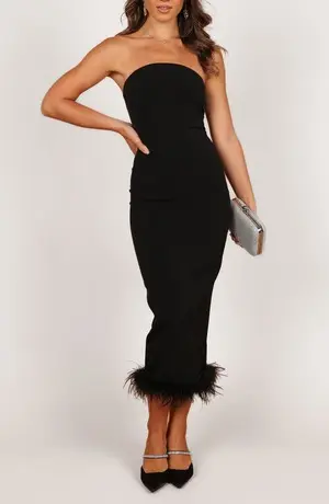 PETAL & PUP Clara Feather Trim Strapless Midi Dress